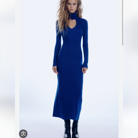 Zara | Dresses | Zara Royal Blue Ribbed Cut Out Turtle Neck Midi Dress ...